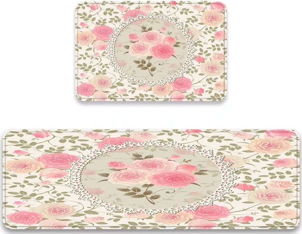 Vintage Floral Shabby Chic Roses Lace Frame Kitchen Rug Set 2 Piece ...
