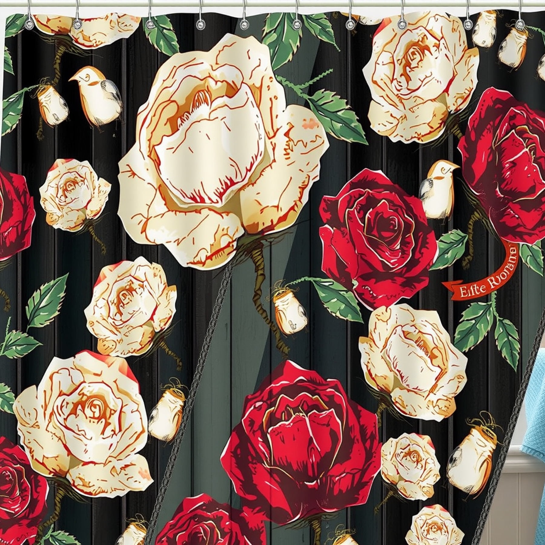 Vintage Floral Shower Curtain with Red and Cream Roses, Whimsical Birds ...