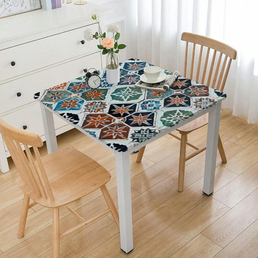 Vintage Floral Square Fitted Tablecloths, Retro Geometric Elastic Edge ...