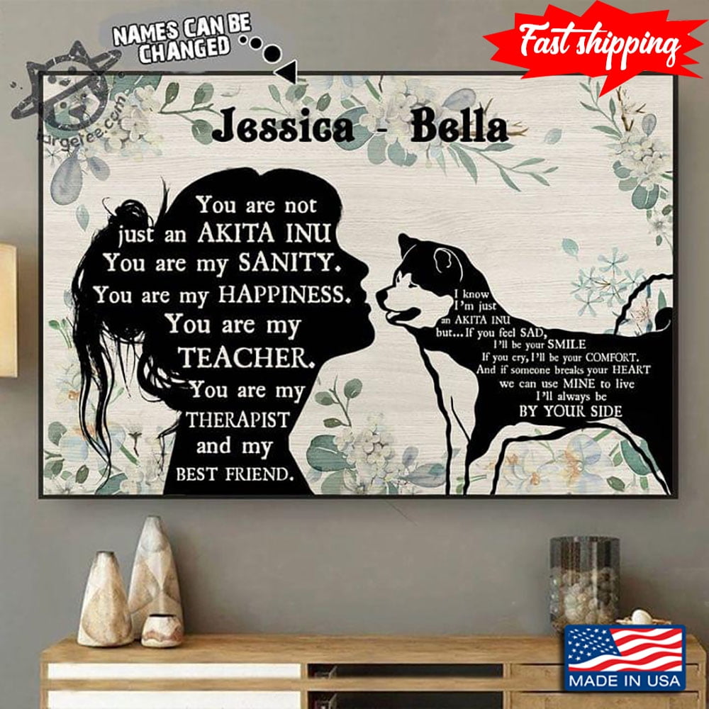 Vintage Floral Theme Customized Name Girl & Akita Inu Silhouette You ...