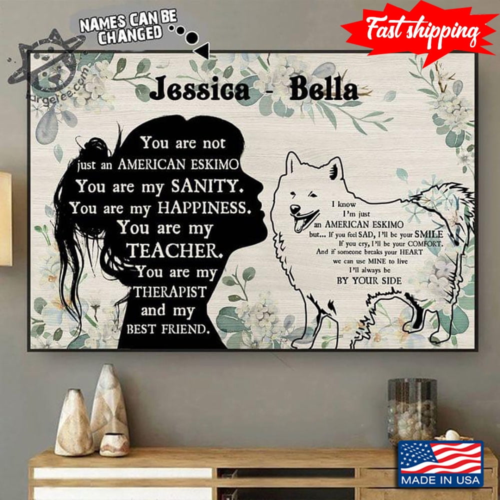 Vintage Floral Theme Customized Name Girl & American Eskimo Silhouette ...