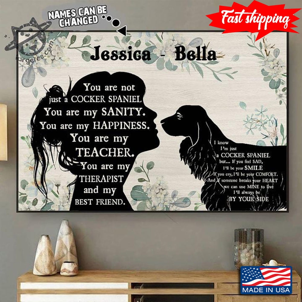 Vintage Floral Theme Customized Name Girl & Cocker Spaniel Silhouette ...