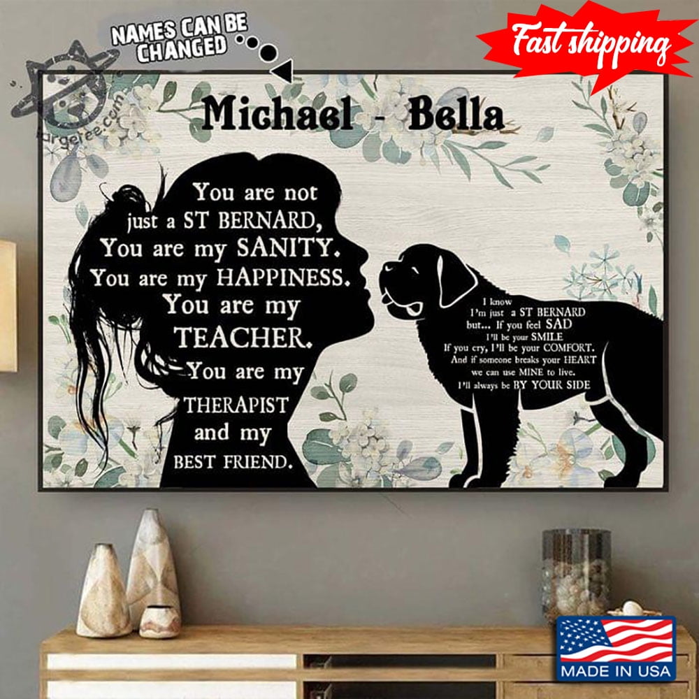 Vintage Floral Theme Customized Name Girl & Saint Bernard Silhouette ...
