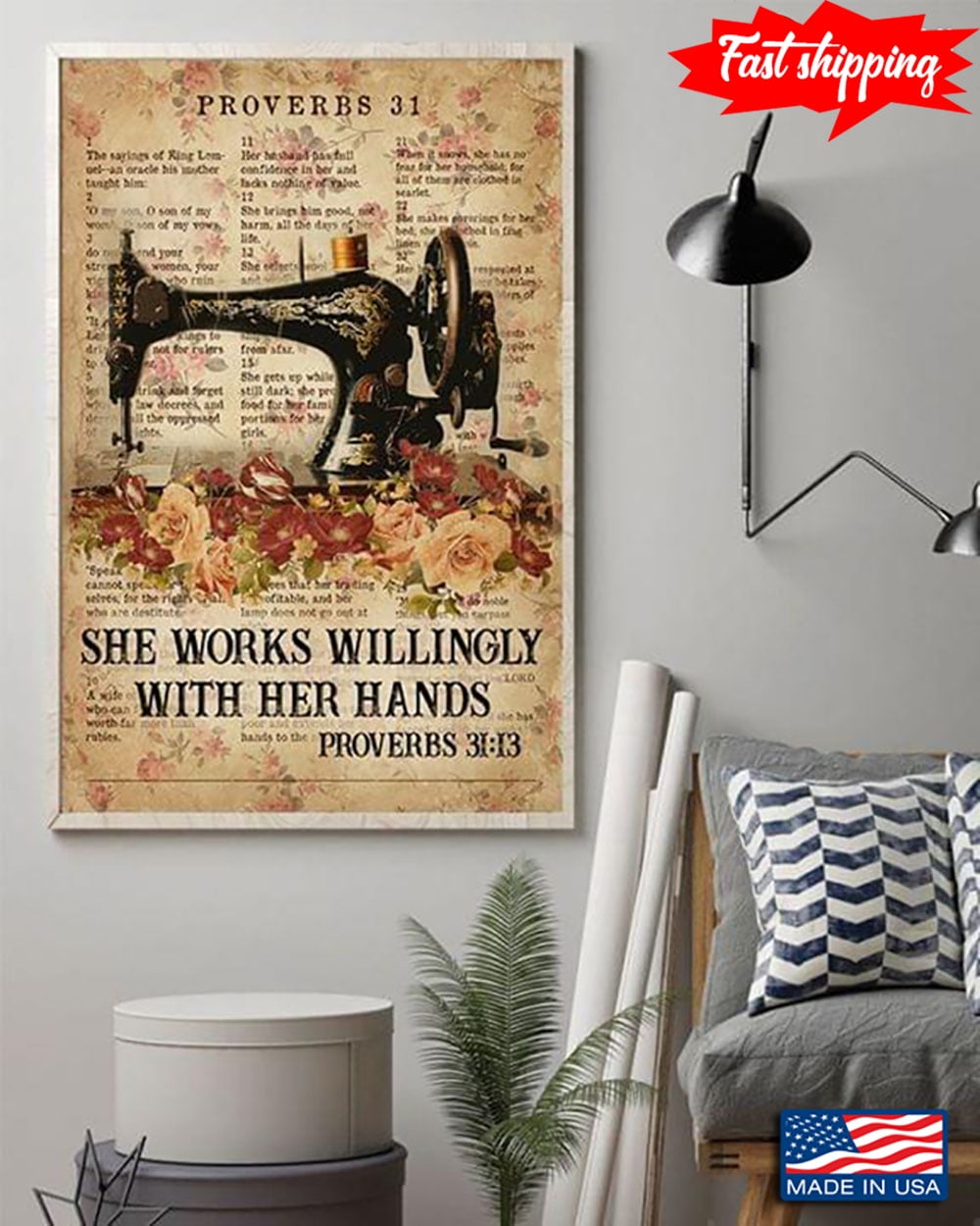 Vintage Floral Theme Sewing Machine Proverbs 3113 She Works Willingly ...
