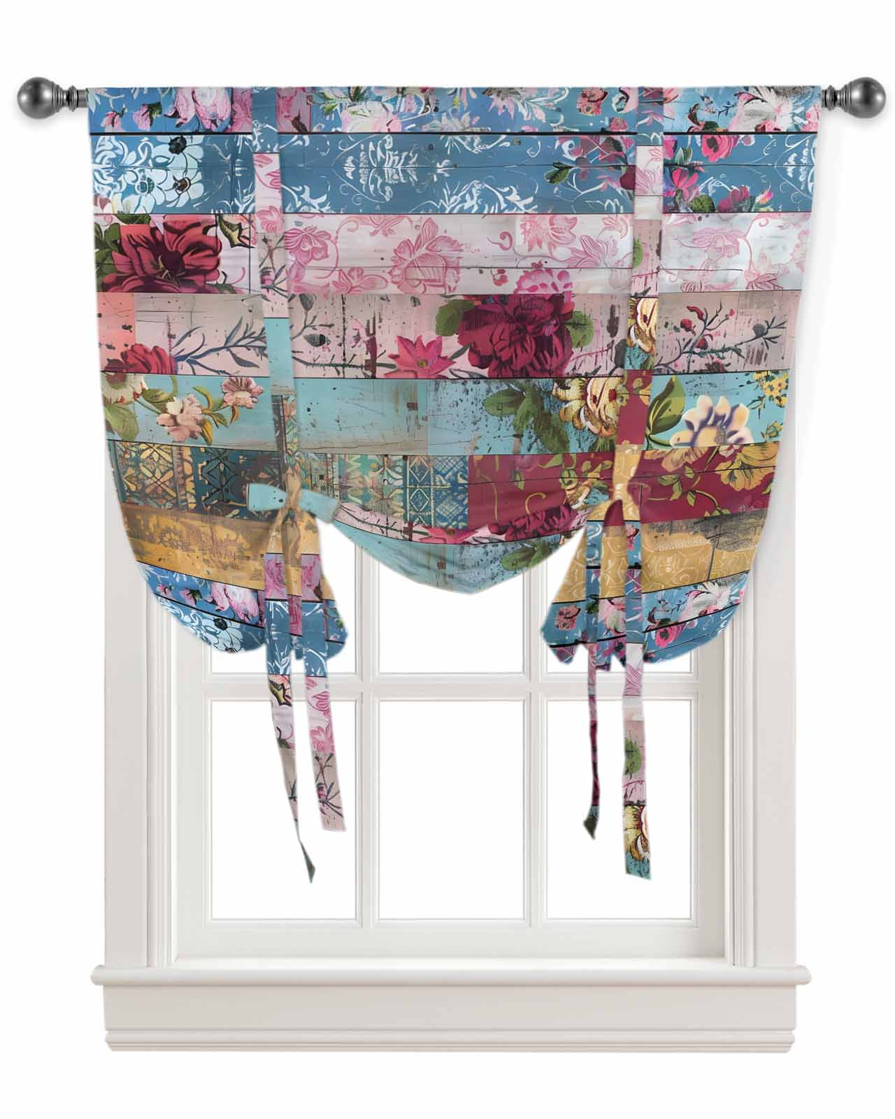 Vintage Floral Tie Up Curtains for Window, Farmhouse Botanical Flowers Thermal Insulted Balloon ...