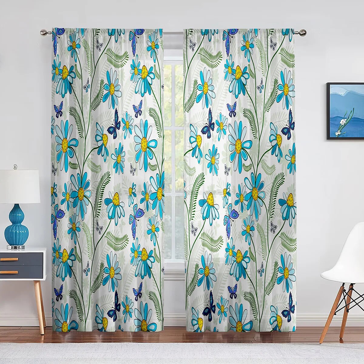 Vintage Floral Vertical Stripes Tulle Curtains for Living Room Bedroom ...