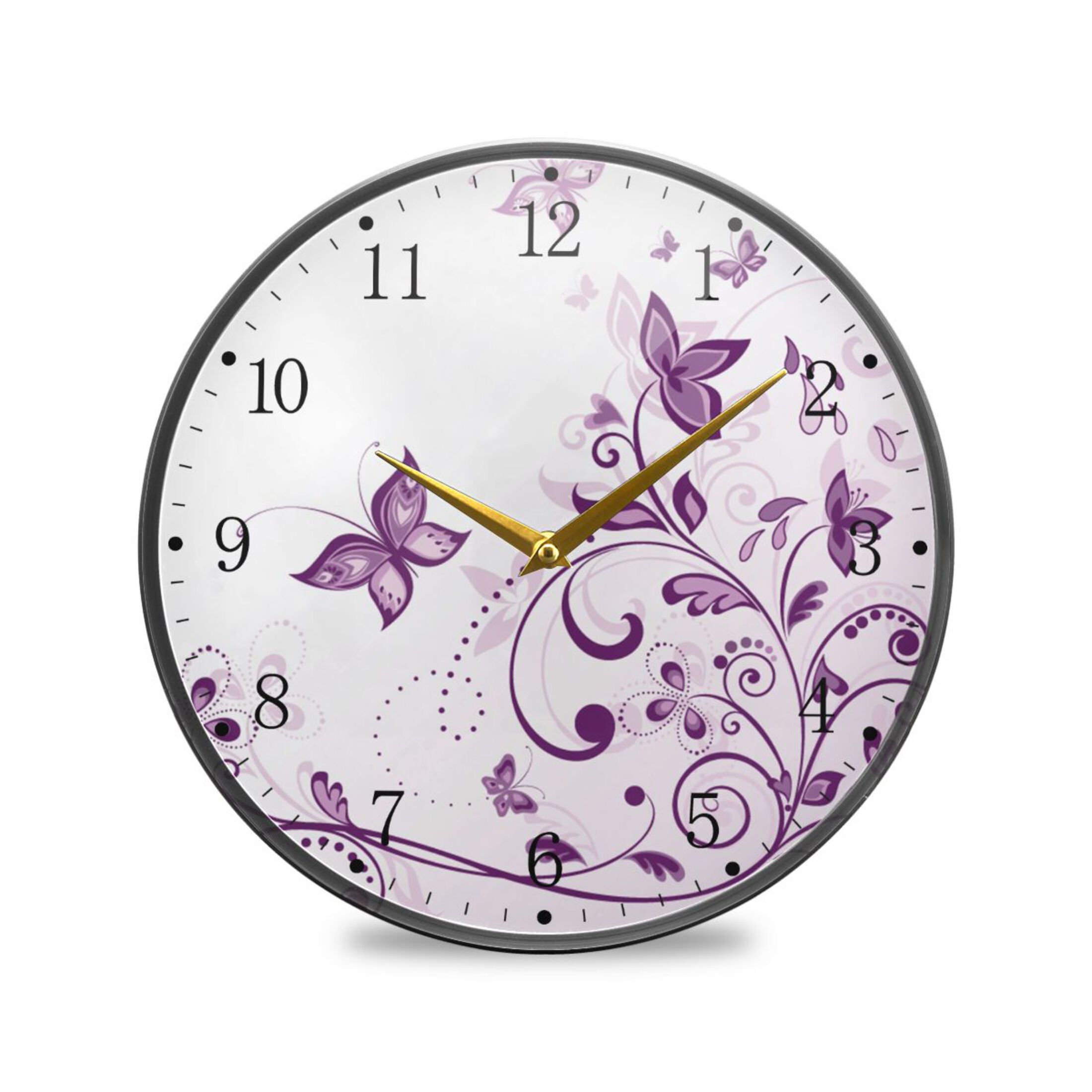 Vintage Floral Violet and Butterfly Acrylic Wall Clocks Quiet Round ...