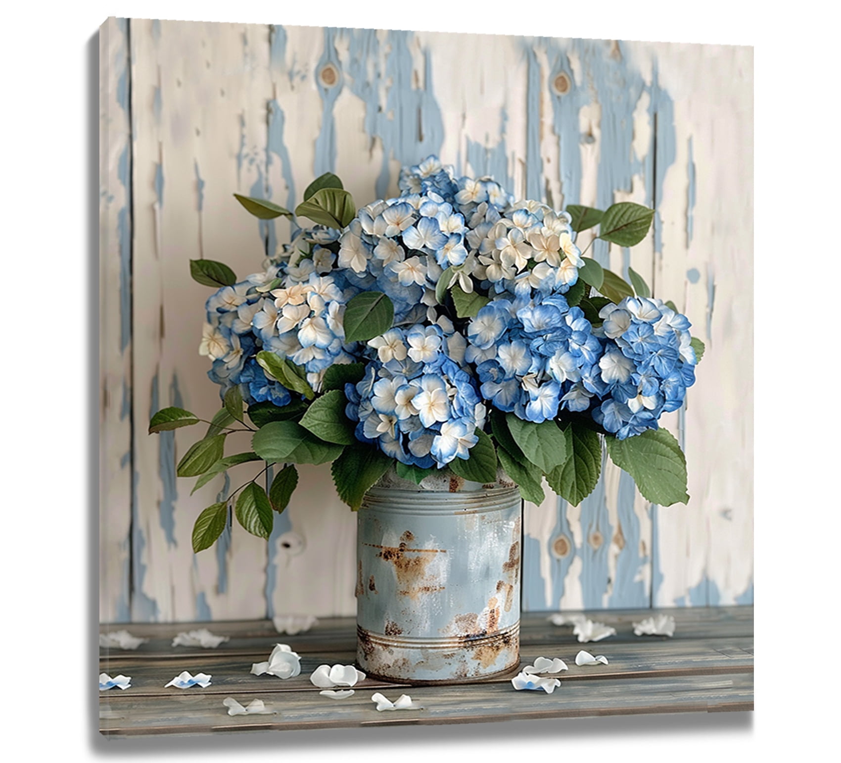 Vintage Floral Wall Art Blue Hydrangea with Green Leaf in Vase on Wood ...