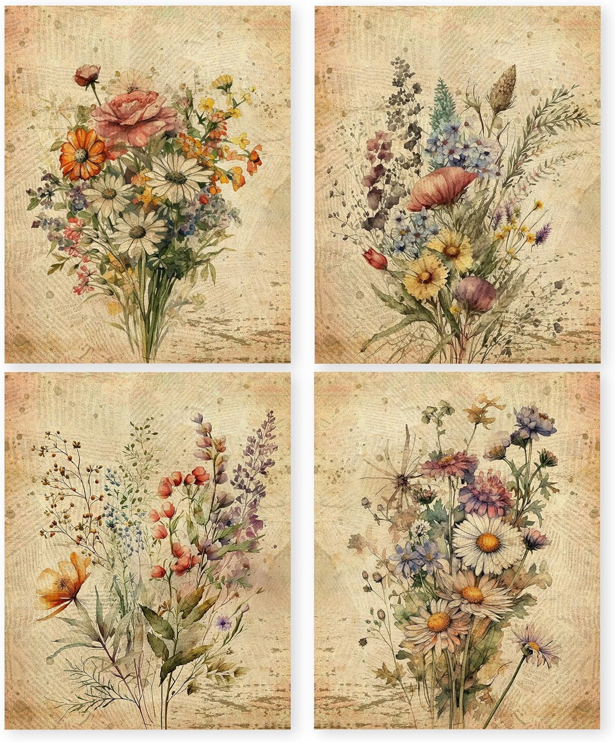 Vintage Floral Wall Art Poster Prints Set of 4, Retro Floral Wall Art ...
