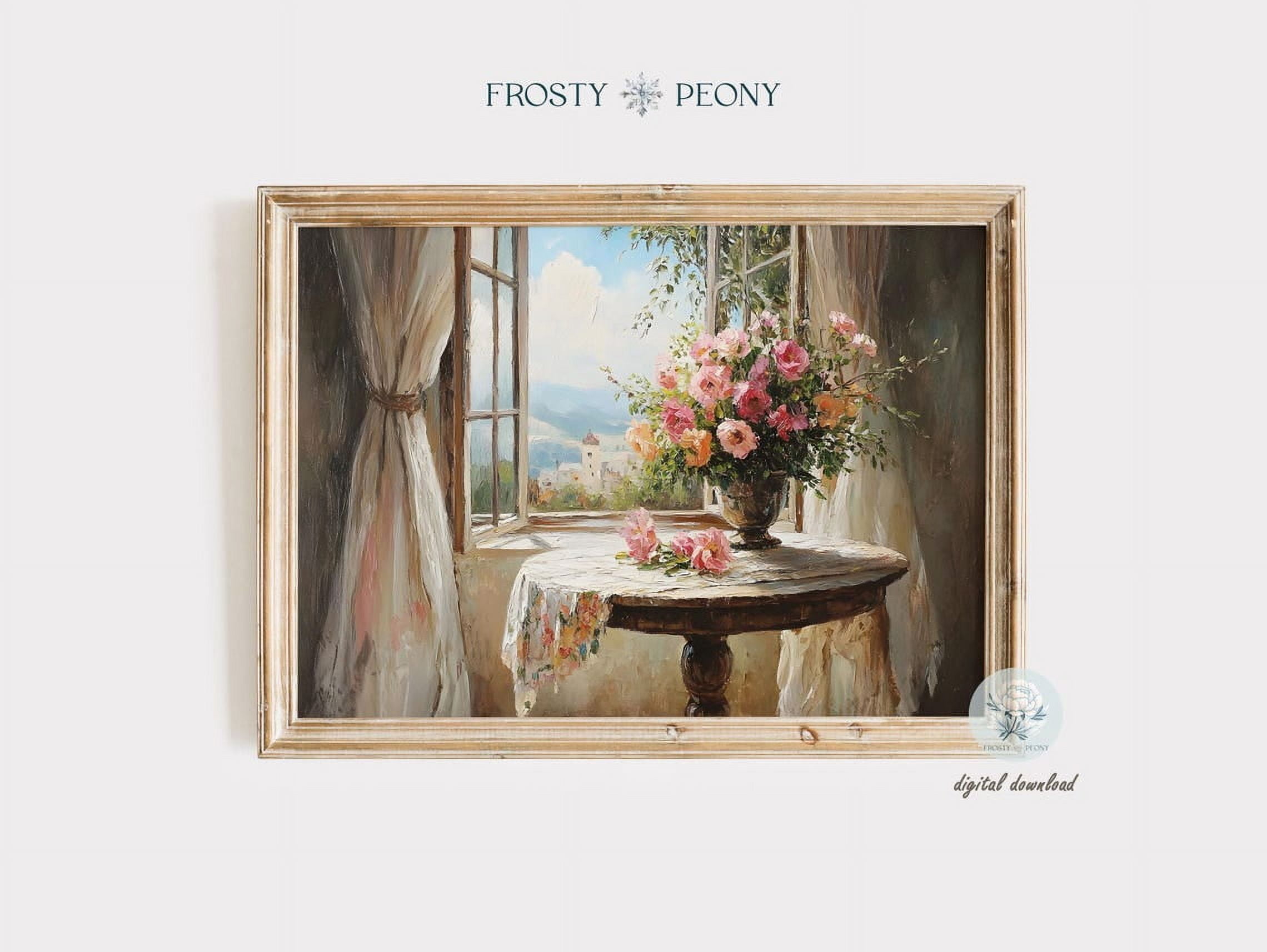 Vintage Floral Window Scene Art Print, Rustic Cottage Window Wall Art ...