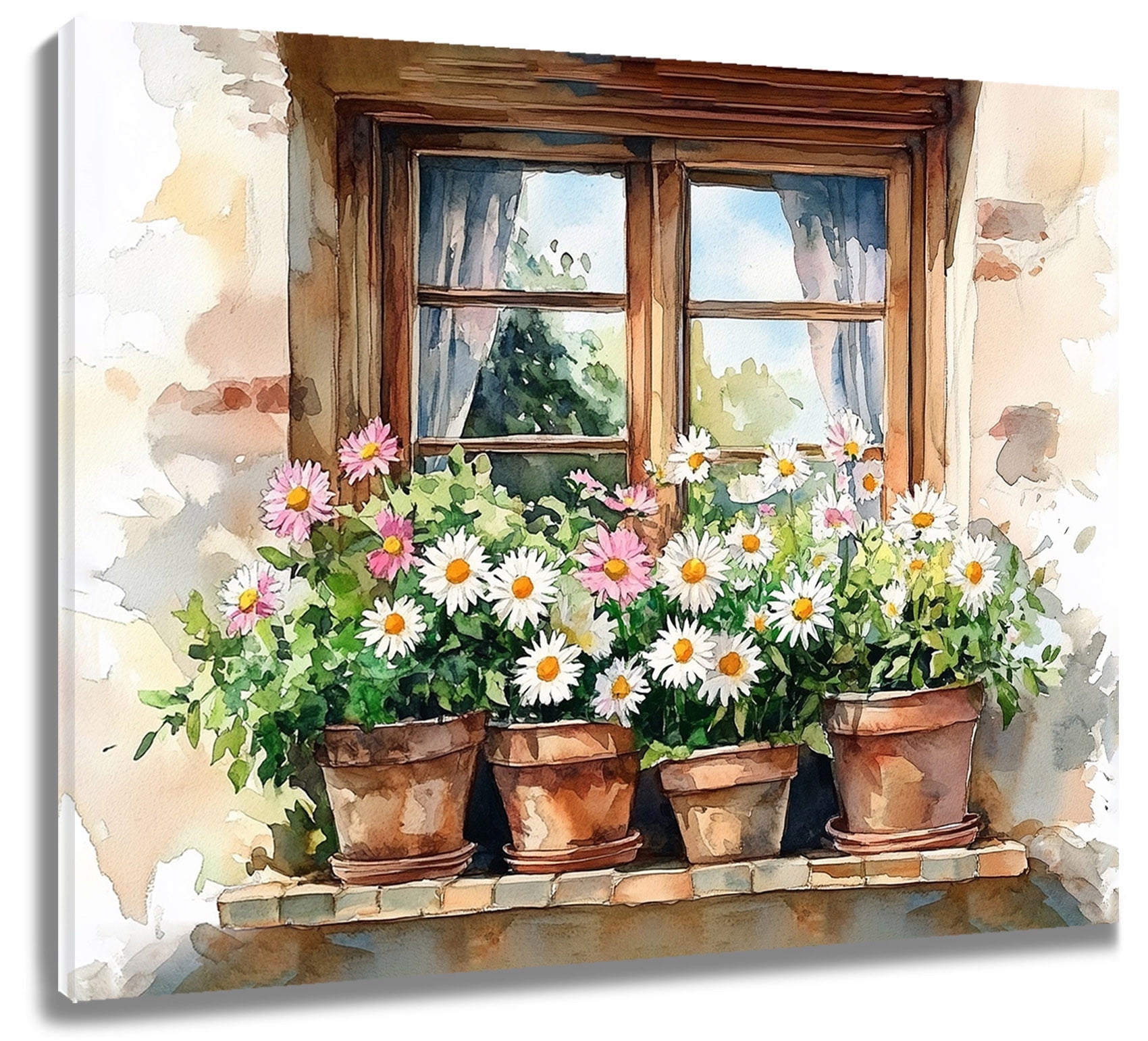 Vintage Floral Window Wall Art, Pink White Daisy and Green Leaf in ...