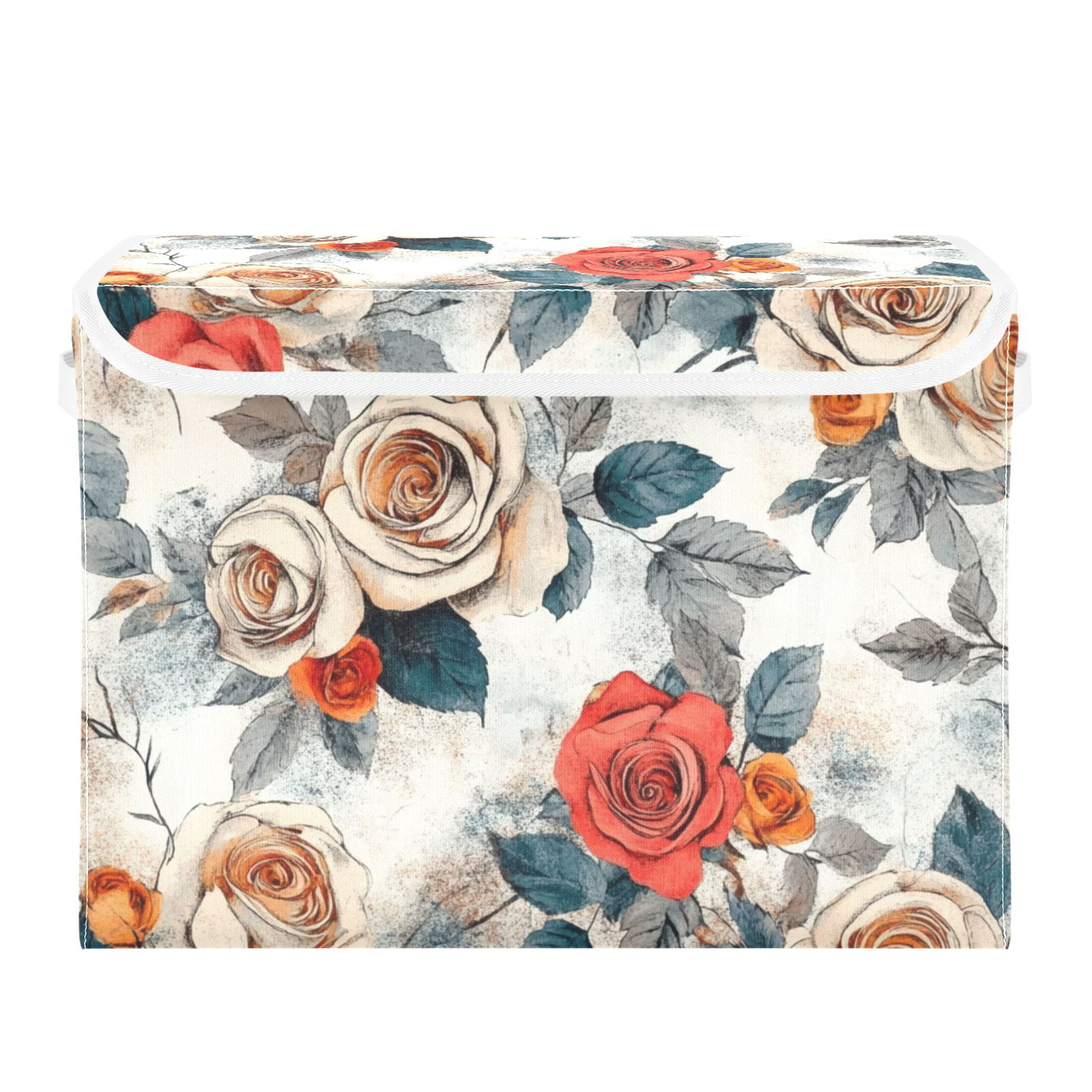 Vintage Flower Art Large Storage Bins with Linen Collapsible Lid ...