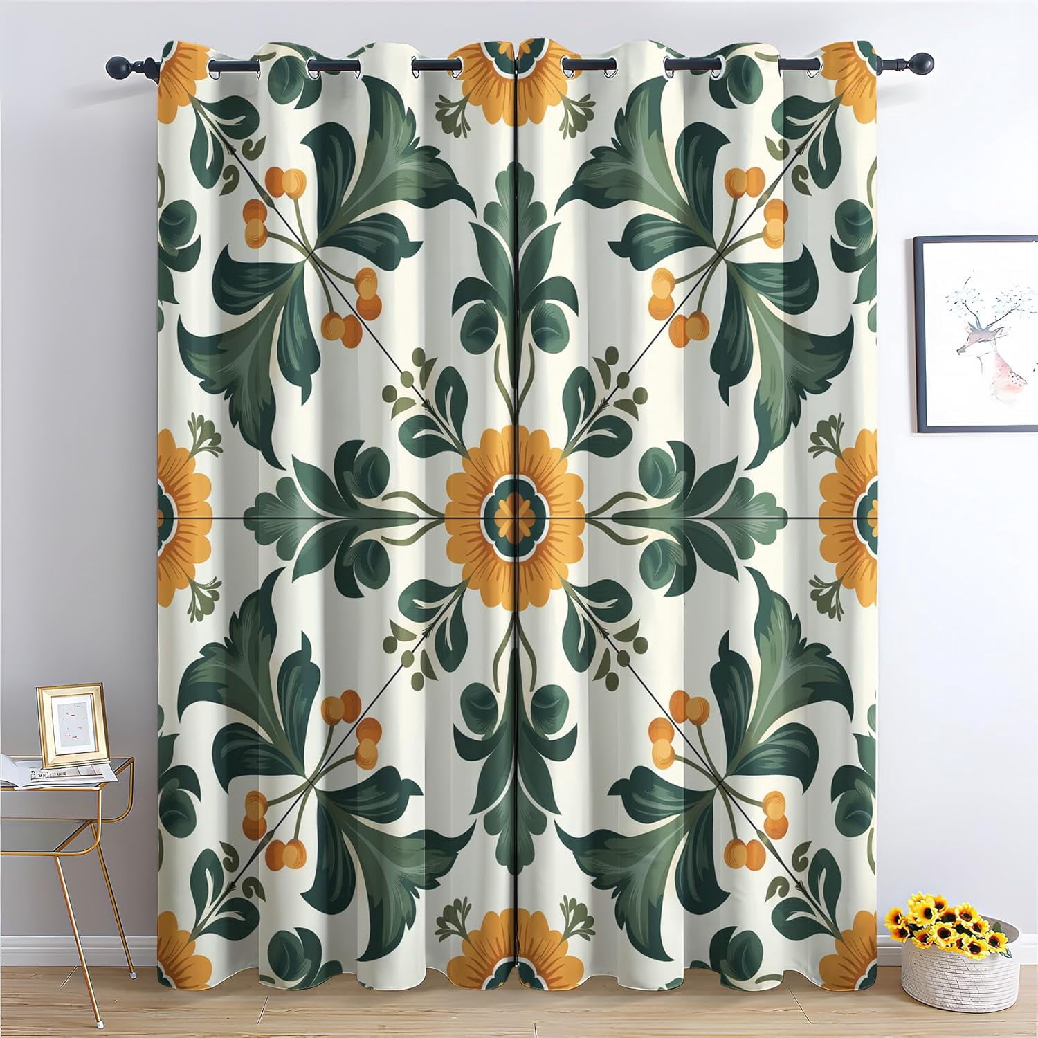 Vintage Flower Curtains For Bedroom Living Room, Green Leaf Blackout ...