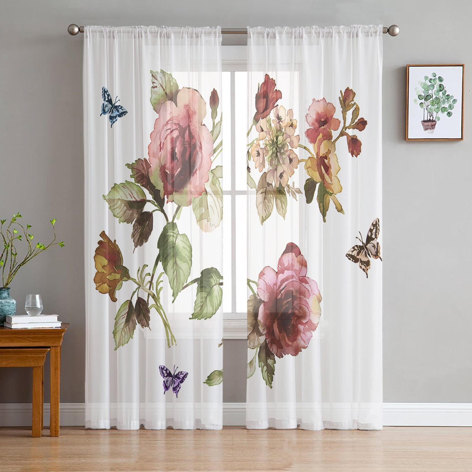 Vintage Flower Floral Sheer Curtain for Bedroom Tulle Voile Curtain for ...