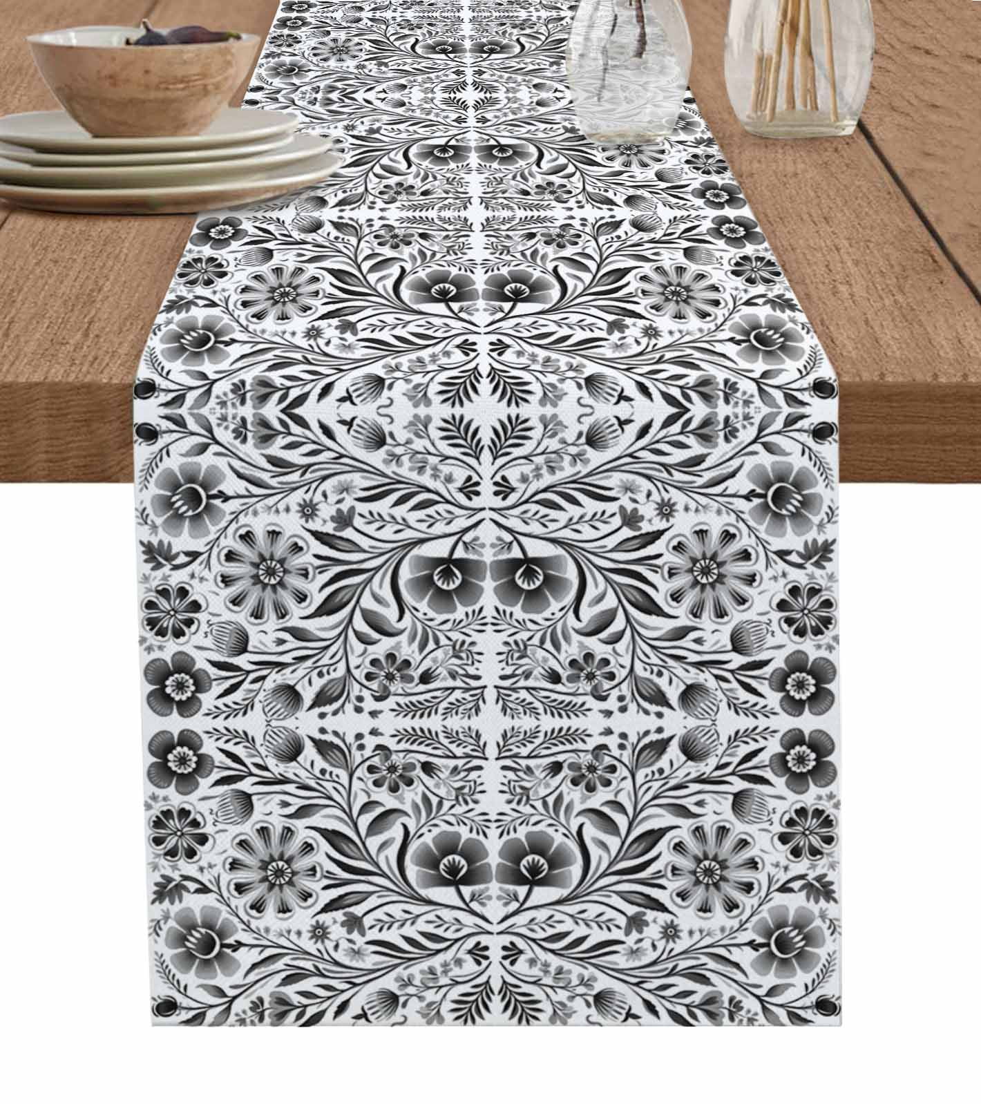 Vintage Flower Hand Drawn Table Runner Cotton Lin Wedding Table r ...