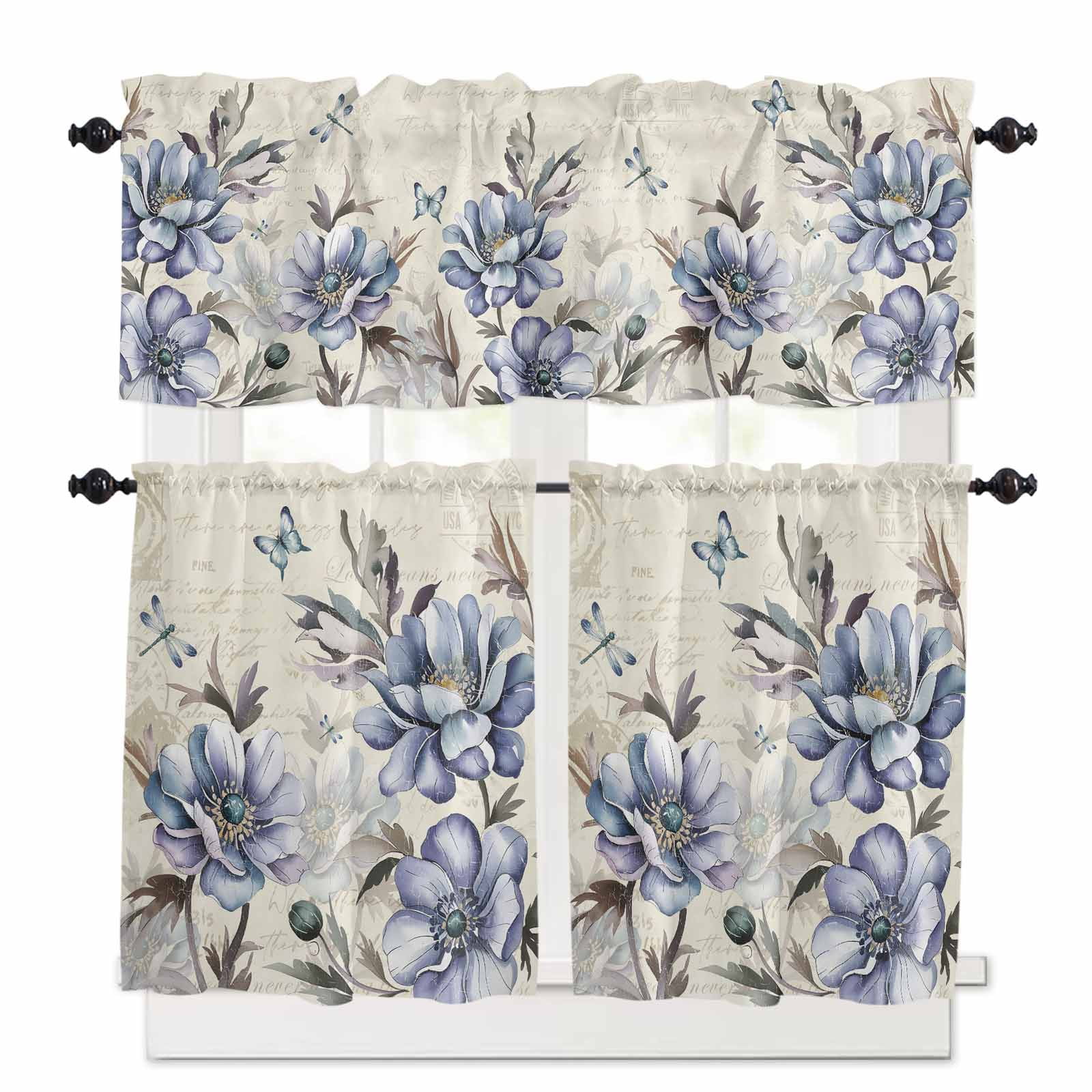 Vintage Flower Kitchen Curtains Set for Windows 3 Pieces,24 Inch Length ...