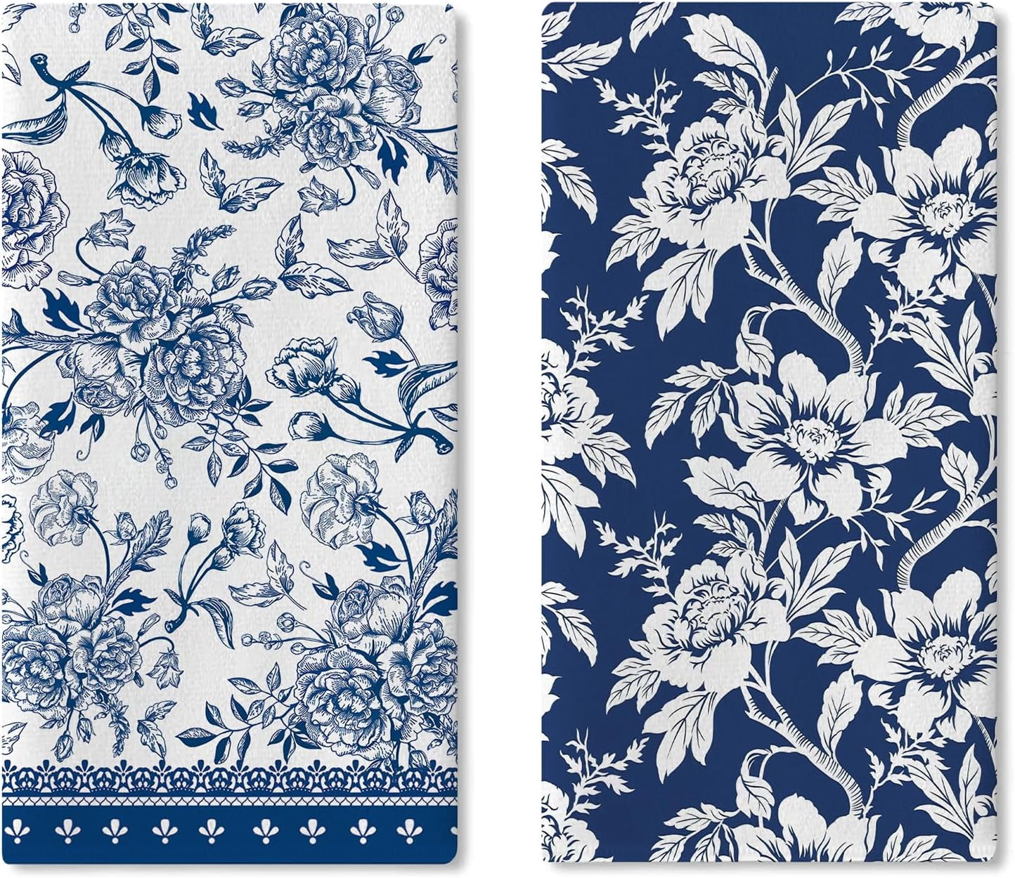Vintage Flower Kitchen Dish Towels Set of 2, Retro Blue White Floral ...