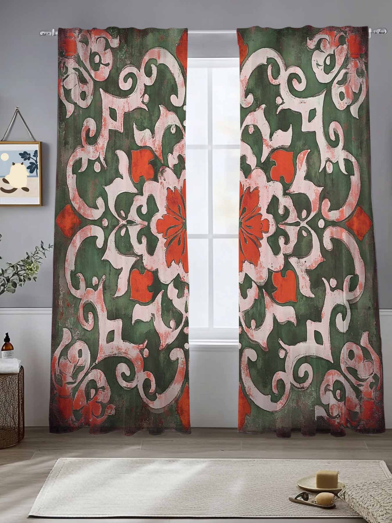 Vintage Flower Pattern Sheer Curtains 84 Inches Long 2 Panels Red ...