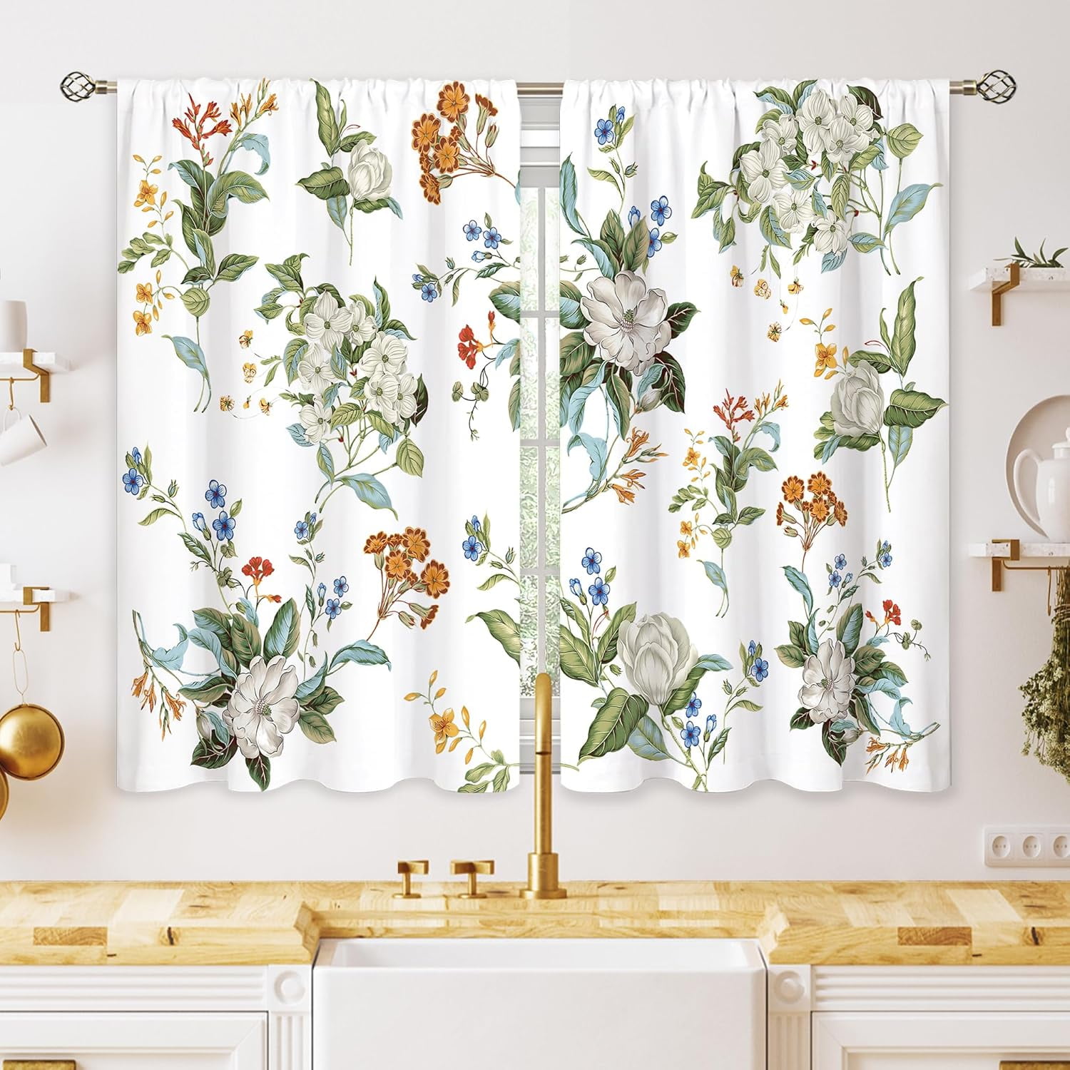 Vintage Flower Small Kitchen Curtains Green Plant Leaf Window Treatment ...