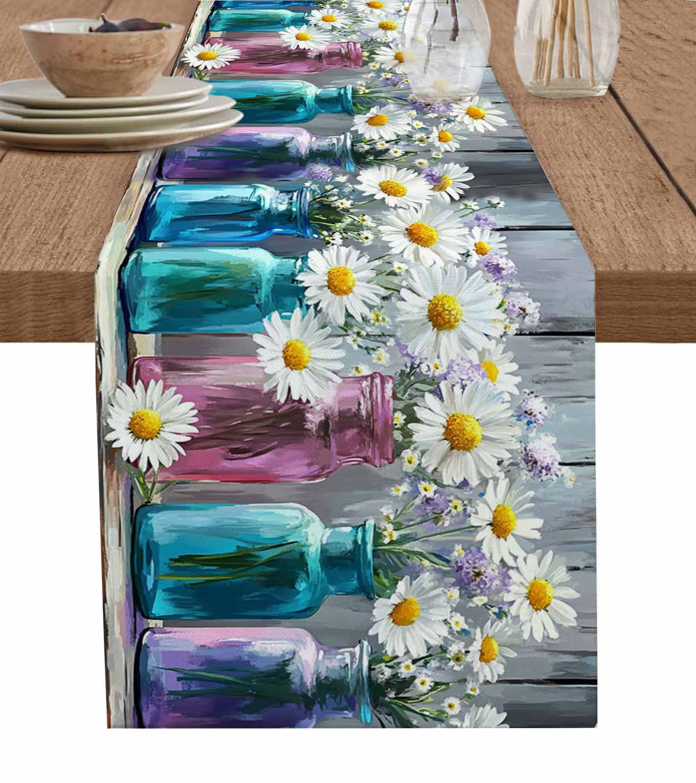 Vintage Flower Table Runner 72 Inches, Spring Botanical Lavender Daisy ...