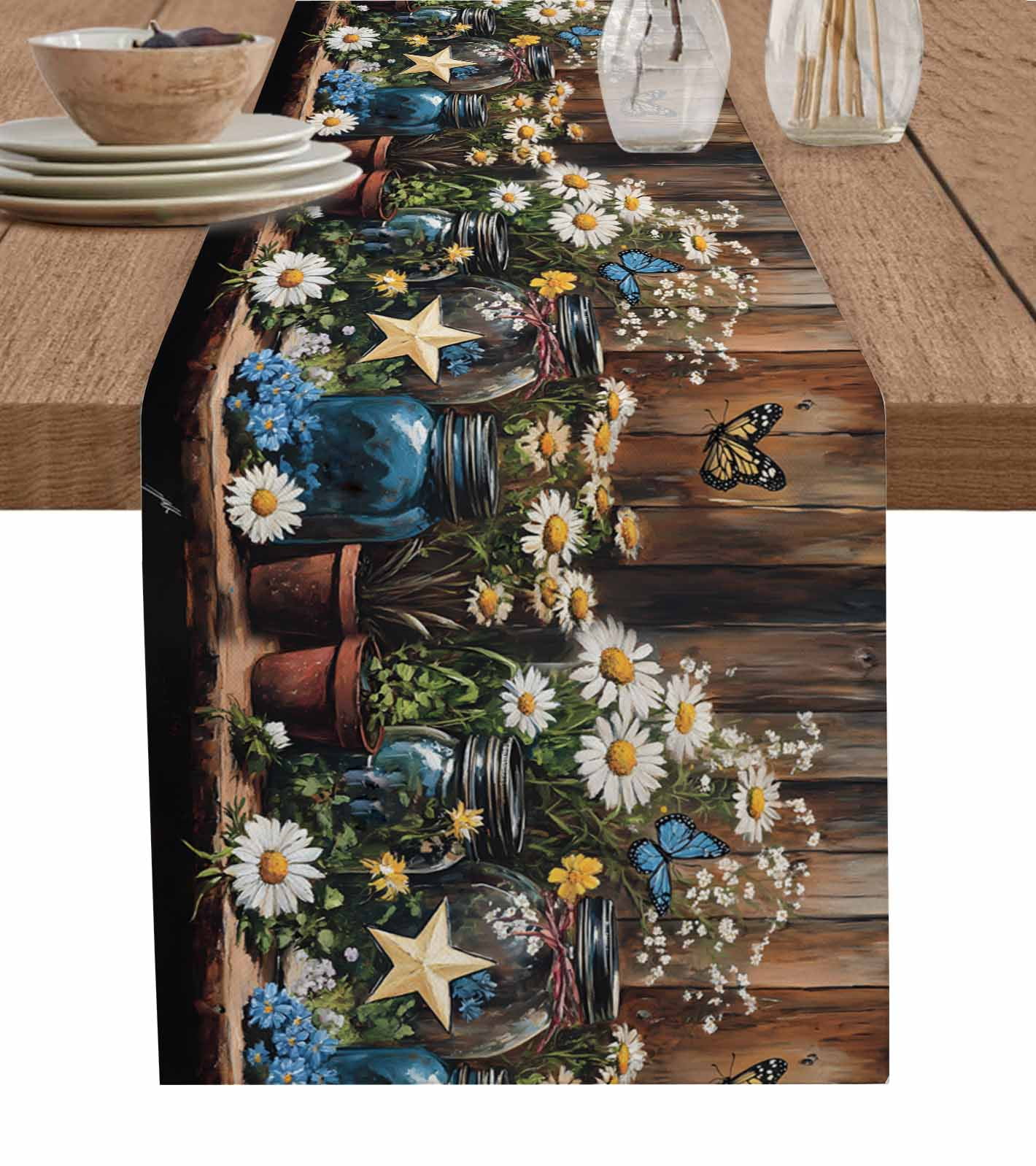 Vintage Flower Table Runner 90 Inches, Country Barn Star Daisies ...