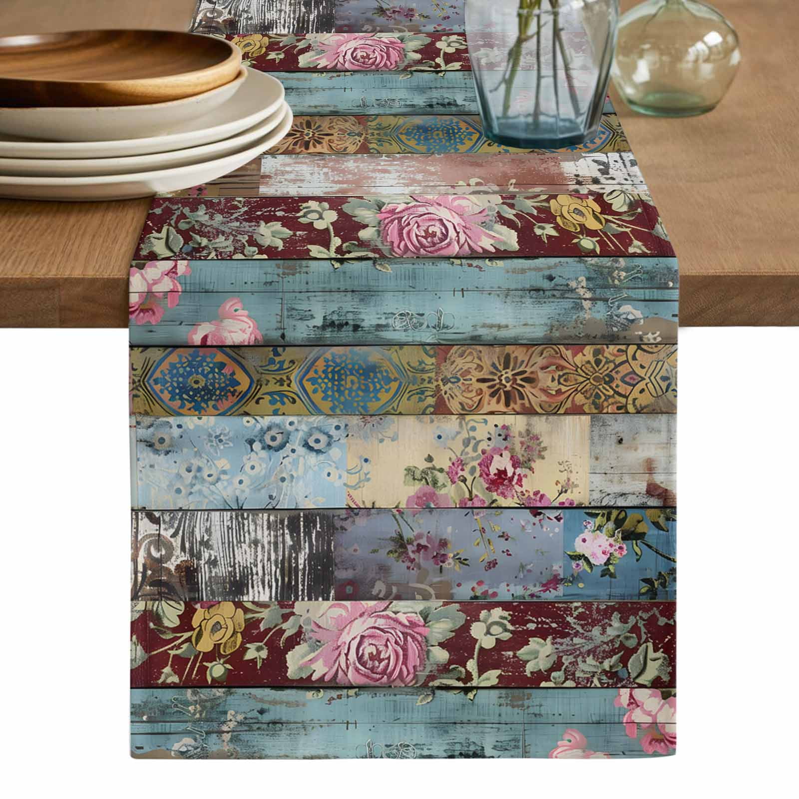 Vintage Flower Table Runner, Retro Botanical Floral Wooden Washable ...