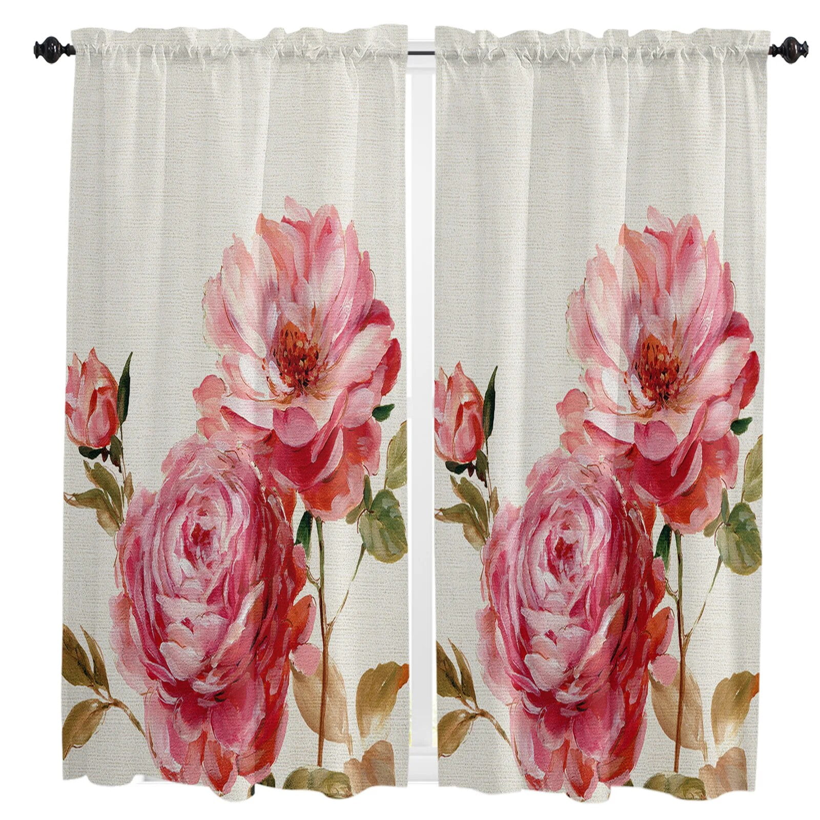 Vintage Flower Text Peony Small Curtain Rod Pocket Short Curtains Half ...