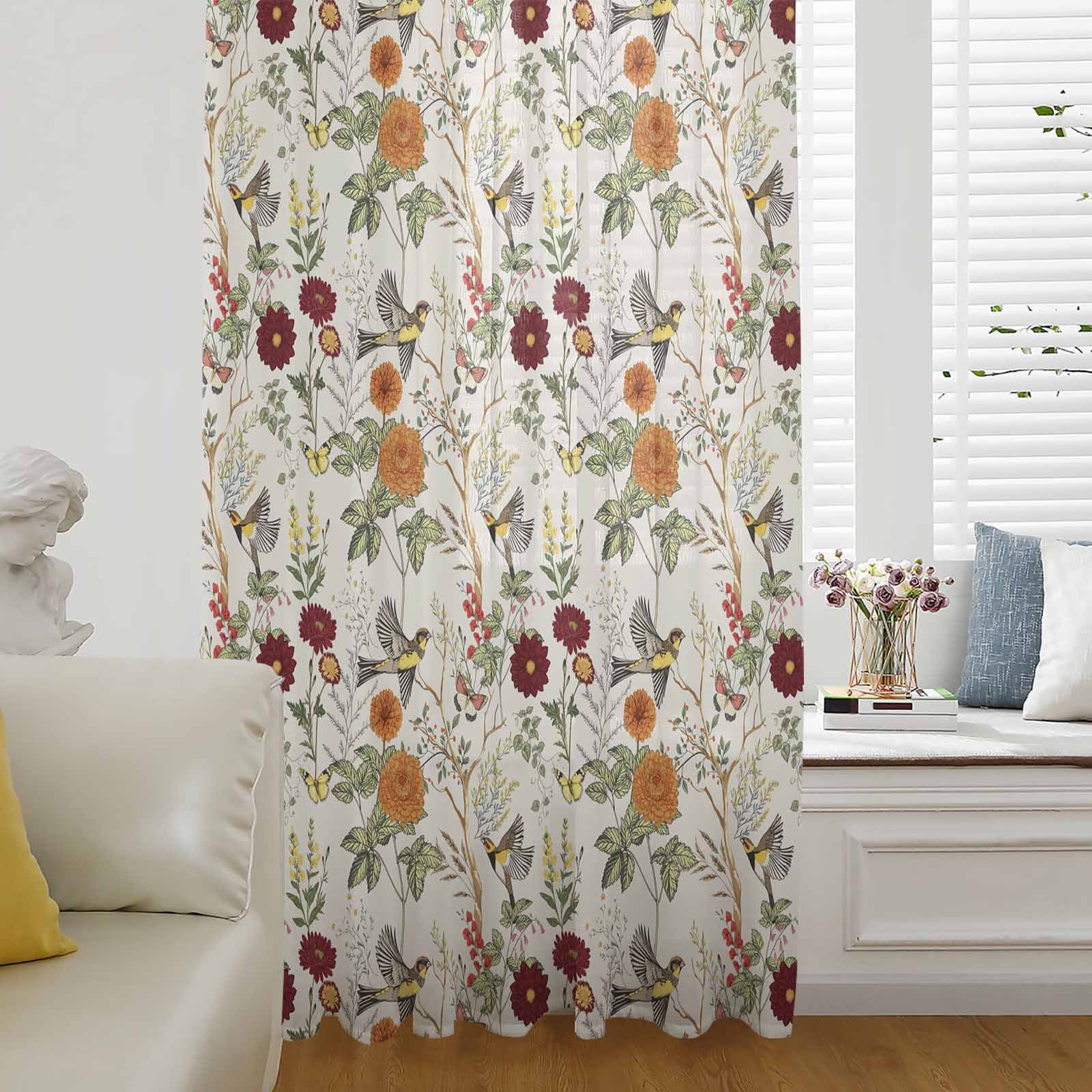 Vintage Flower Window Curtain 96 Inches Long,Farmhouse Bird Butterfly ...
