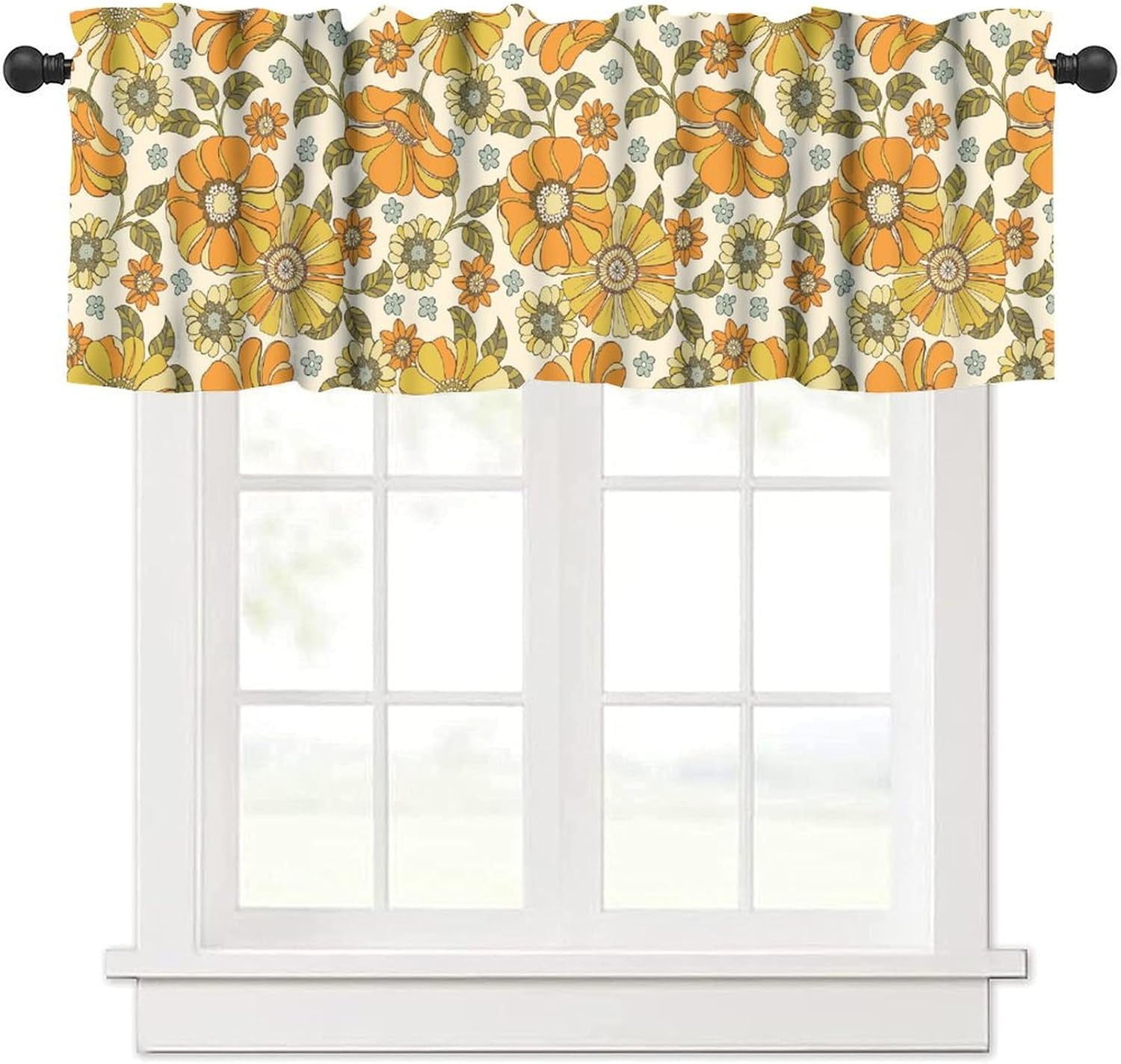 Vintage Flowers 60s 70s Valances,Orange Hippie Retro Floral Valances ...
