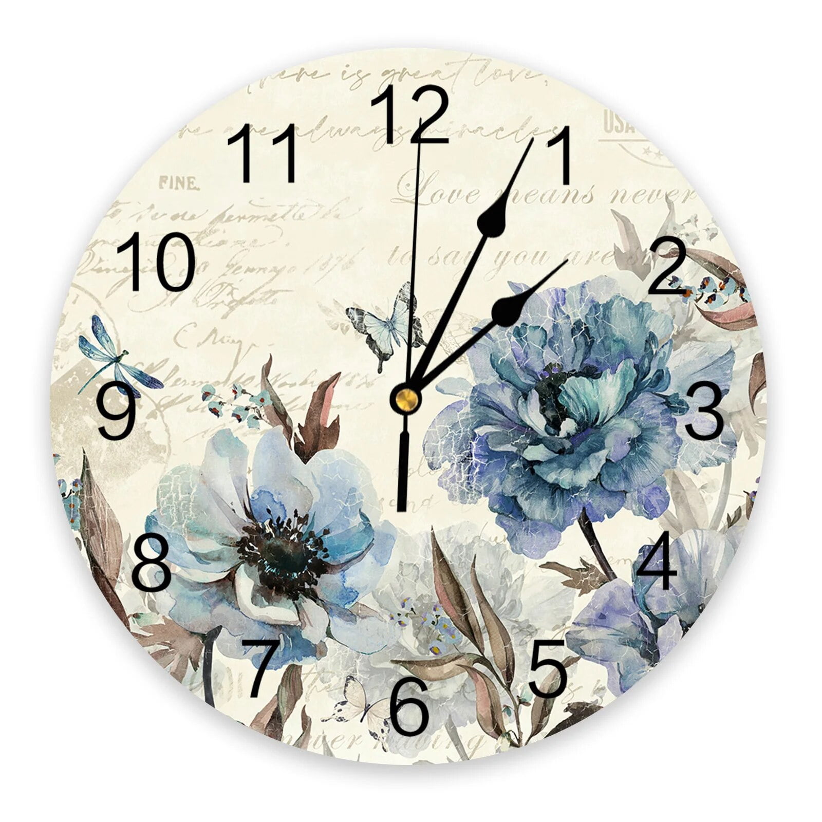 Vintage Flowers Butterflies Peonies Wall Clock Large Modern Kitchen ...