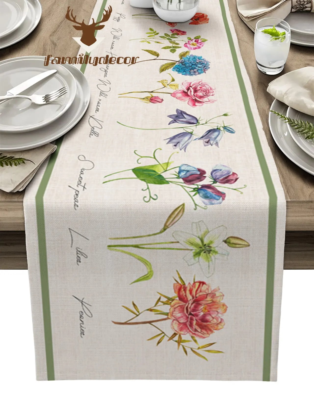 Vintage Flowers Herbaceous Plant Linen Texture Table Runner Home ...