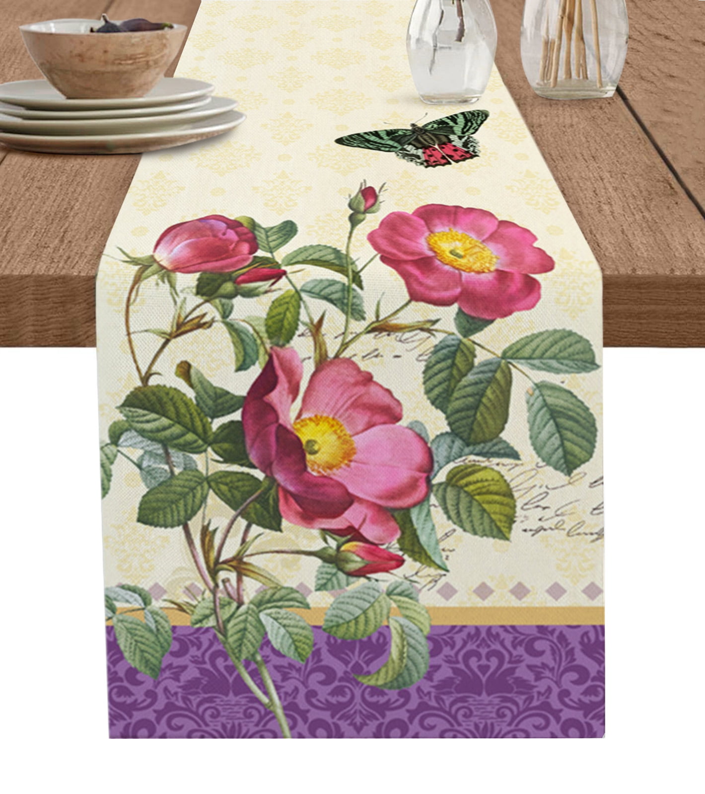 Vintage Flowers Herbaceous Plant Linen Texture Table Runner Home ...