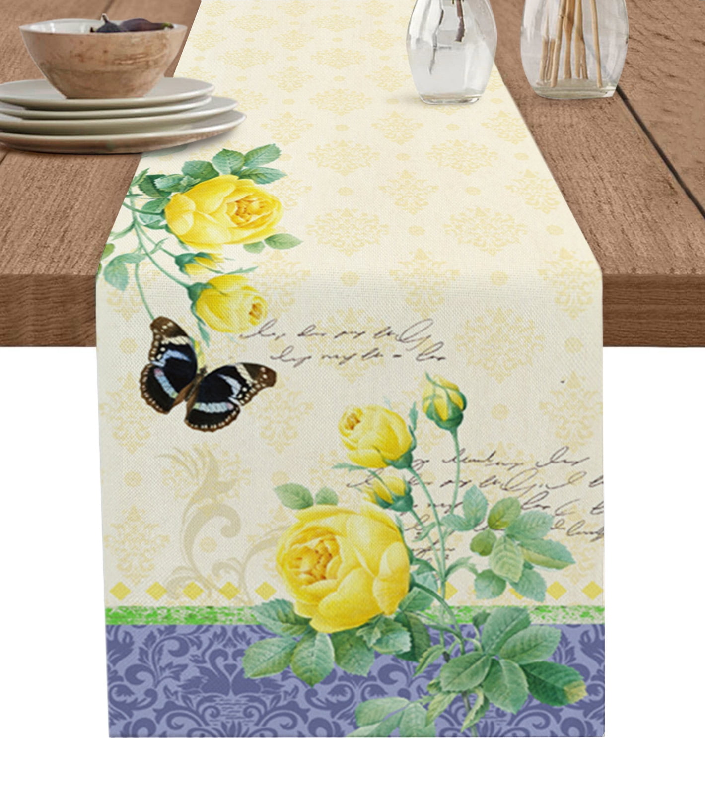 Vintage Flowers Herbaceous Plant Linen Texture Table Runner Home Wedding Table Mat Centerpieces ...