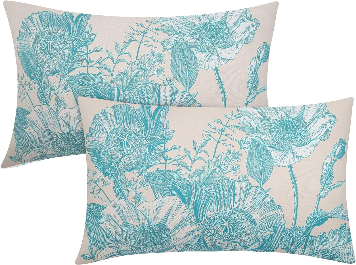 Vintage Flowers Lumbar Pillow Covers 12x20 Inch Set of 2 Aqua Turquoise ...