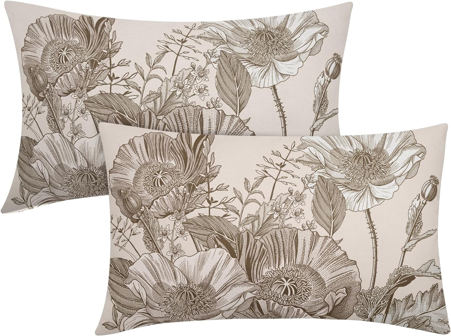 Vintage Flowers Lumbar Pillow Covers 12x20 Inch Set of 2 Brown Floral ...