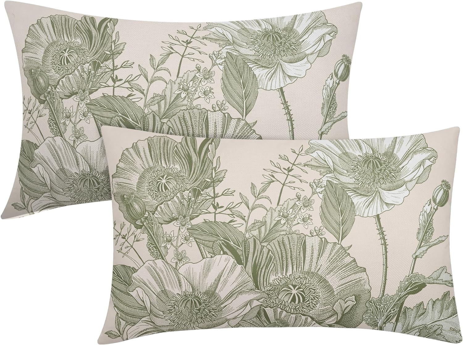 Vintage Flowers Lumbar Pillow Covers 12x20 Inch Set of 2 Sage Green ...