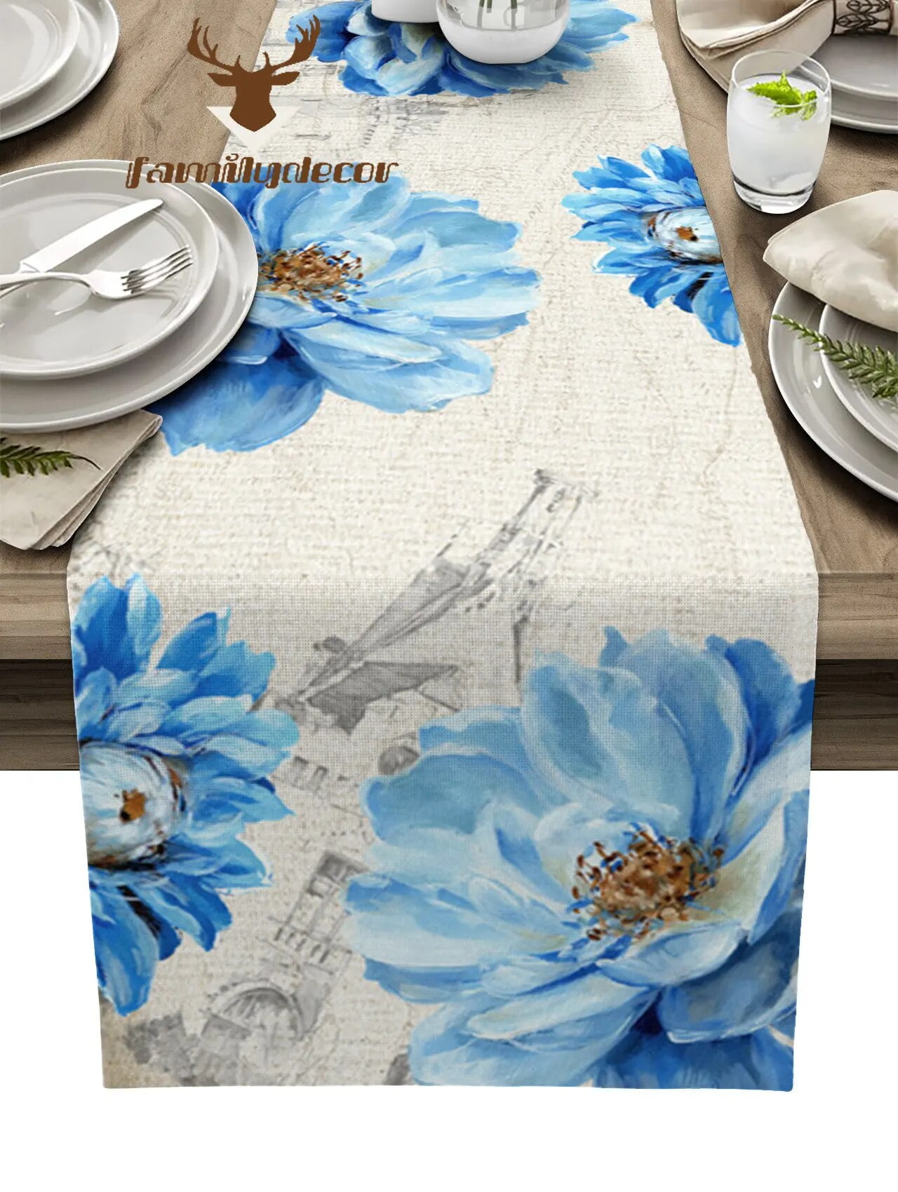 Vintage Flowers Peony Blue Table Runner Home Wedding Table Flag Mat ...