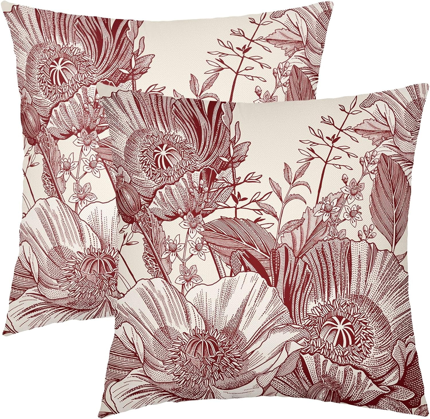 Vintage Flowers Pillow Covers 18x18 Inch Set of 2 Burgundy Floral ...