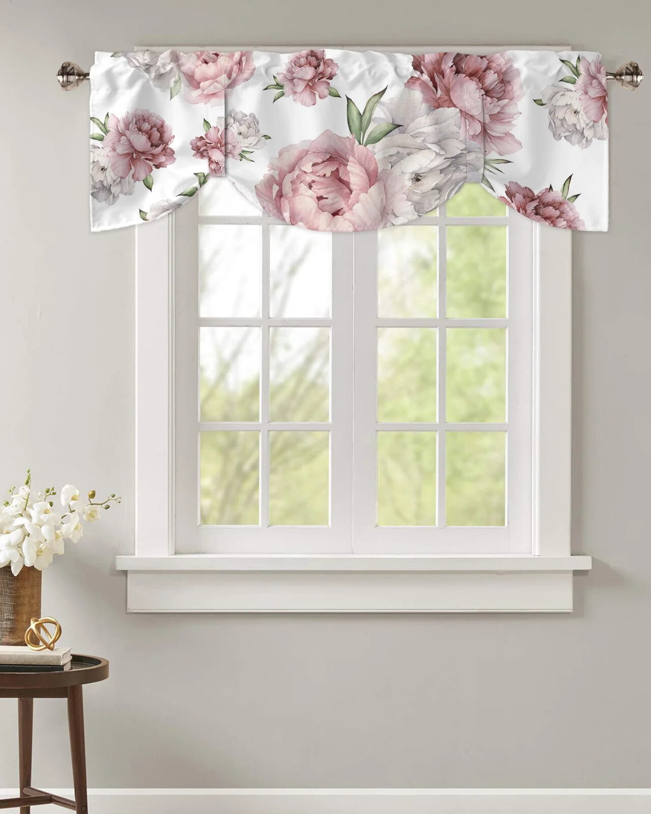 Vintage Flowers Pink Peony White Small Curtain Rod Pocket Short ...