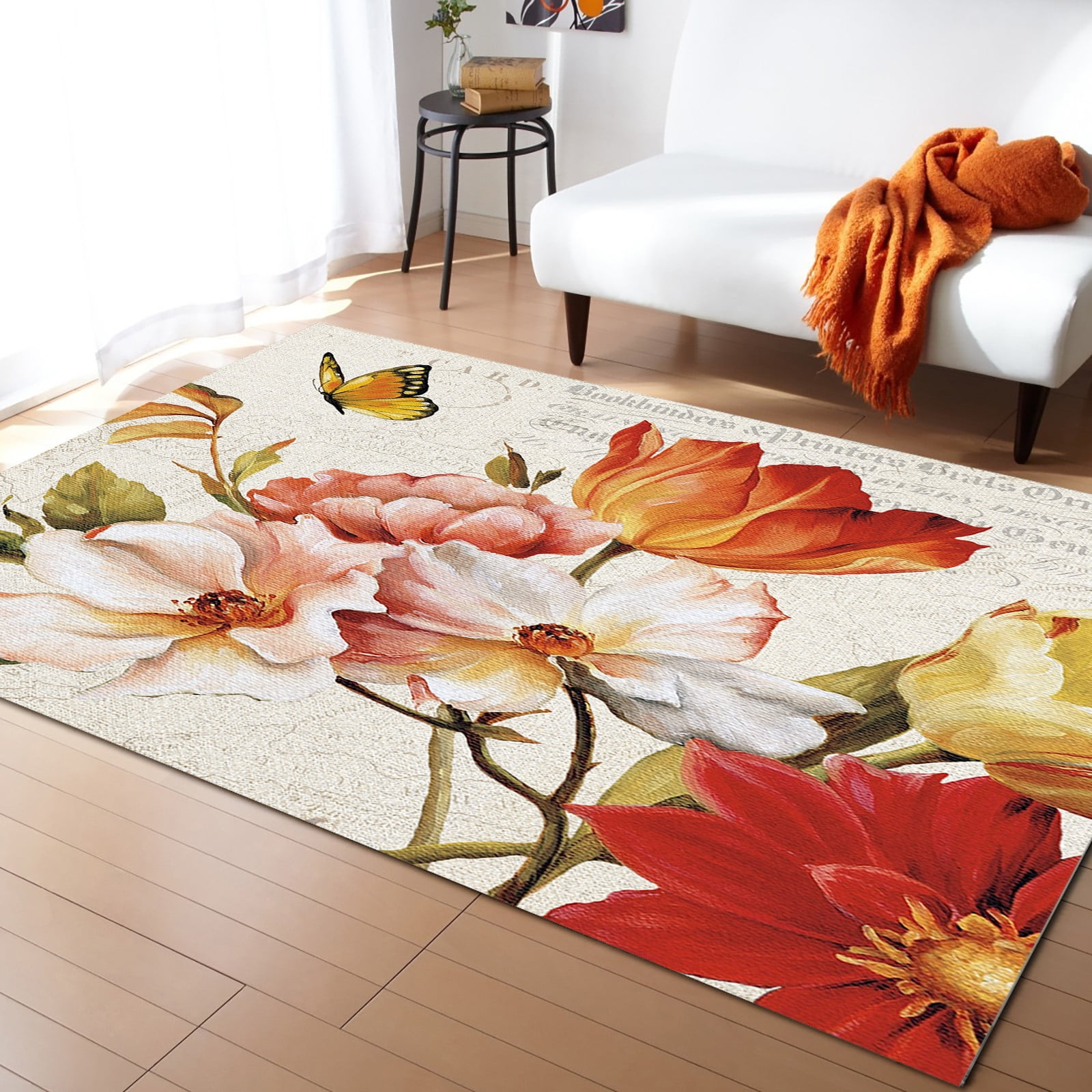 Vintage Flowers Poppies Butterfly Carpet Area Rug Children's Room ...