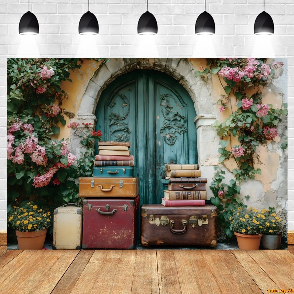 Vintage Flowers Suitcase Backdrop Bookshelf Book Rustic Wood Door First ...