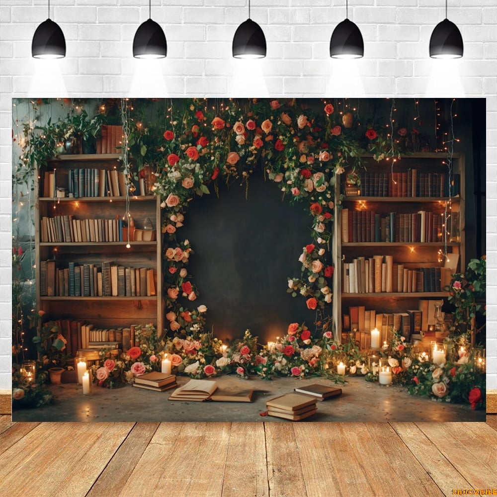 Vintage Flowers Suitcase Backdrop Bookshelf Book Rustic Wood Door First ...