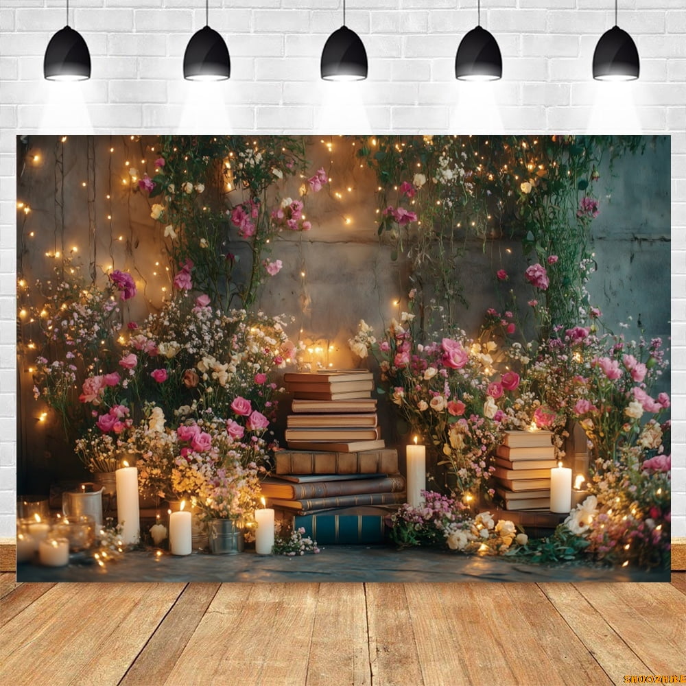 Vintage Flowers Suitcase Backdrop Bookshelf Book Rustic Wood Door First ...
