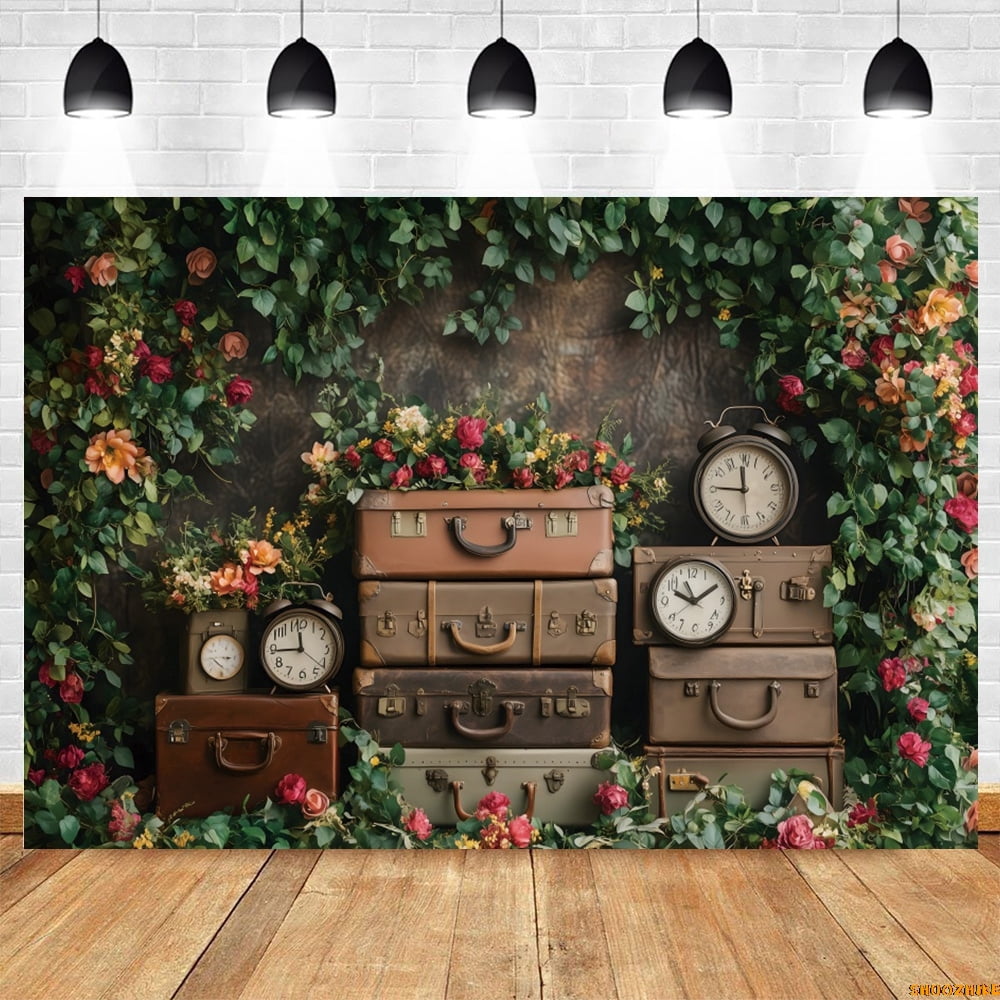 Vintage Flowers Suitcase Backdrop Bookshelf Book Rustic Wood Door First ...