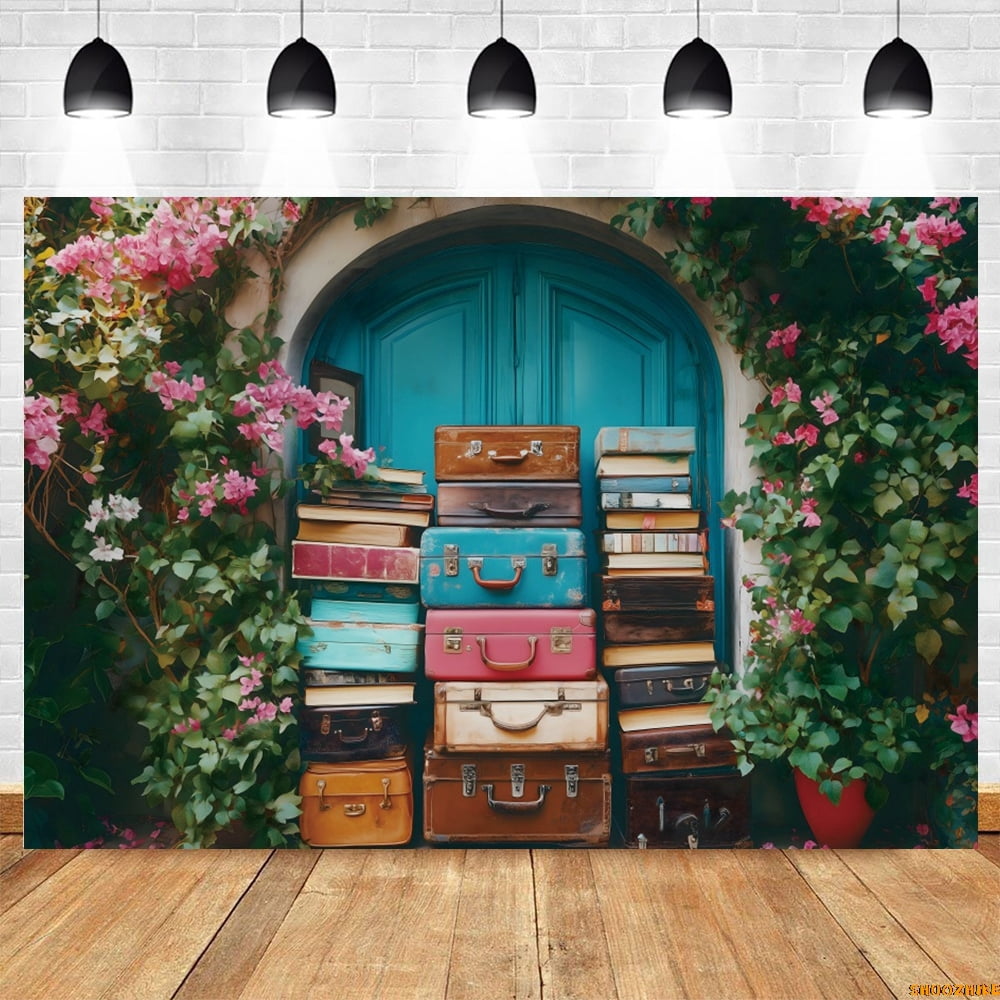 Vintage Flowers Suitcase Backdrop Bookshelf Book Rustic Wood Door First ...