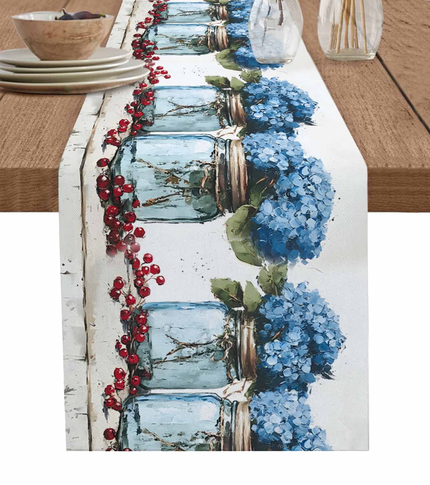 Vintage Flowers Table Runner 120 Inches, Bottle Hydrangeas Floral Fruit ...