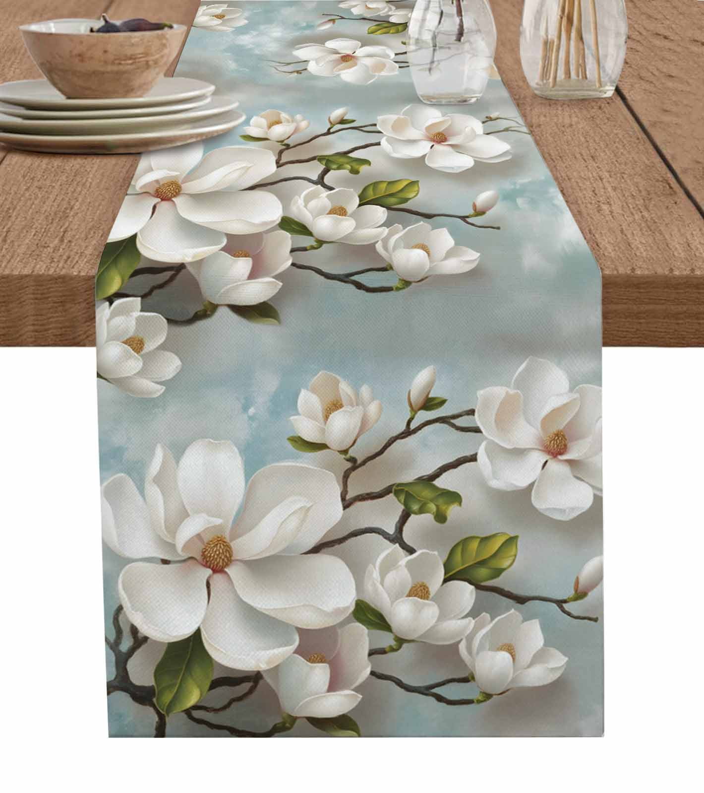 Vintage Flowers Table Runner 72 Inches, White Country Lily Floral Plant ...