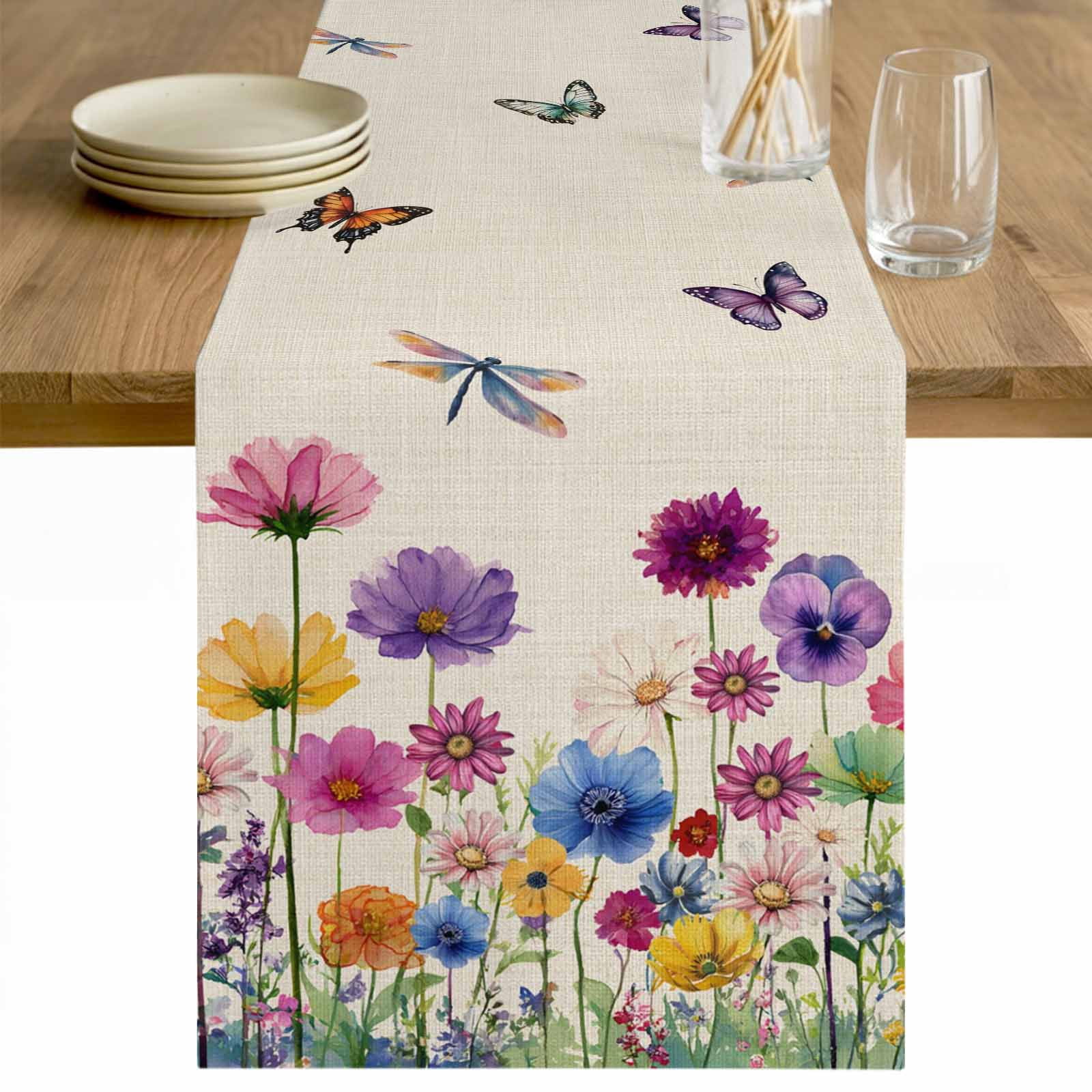 Vintage Flowers Table Runner - 90 Inch Long Watercolor Butterfly ...