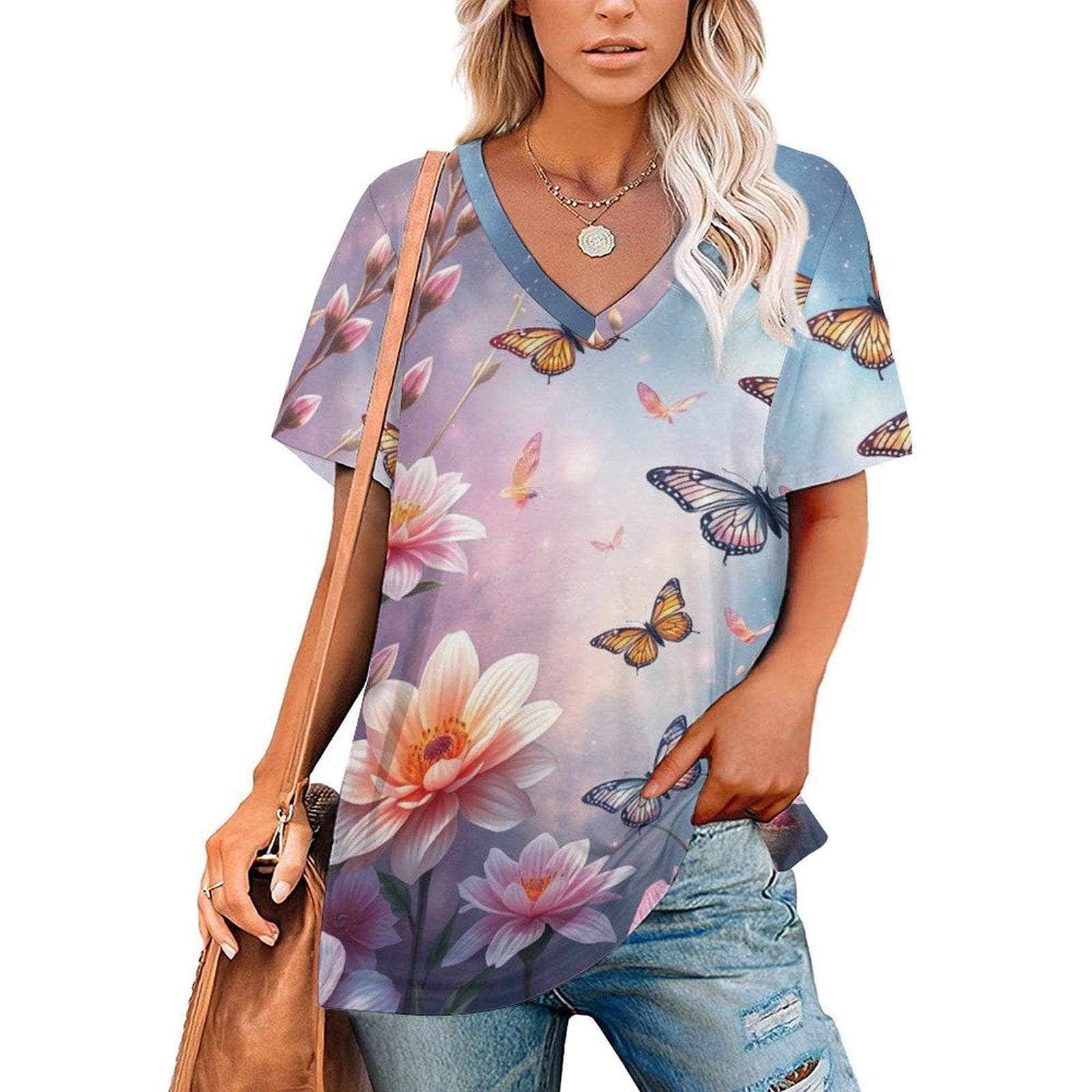 Vintage Flowers V Neck Fashion Oversize T-Shirt Short Sleeve Aesthetic ...