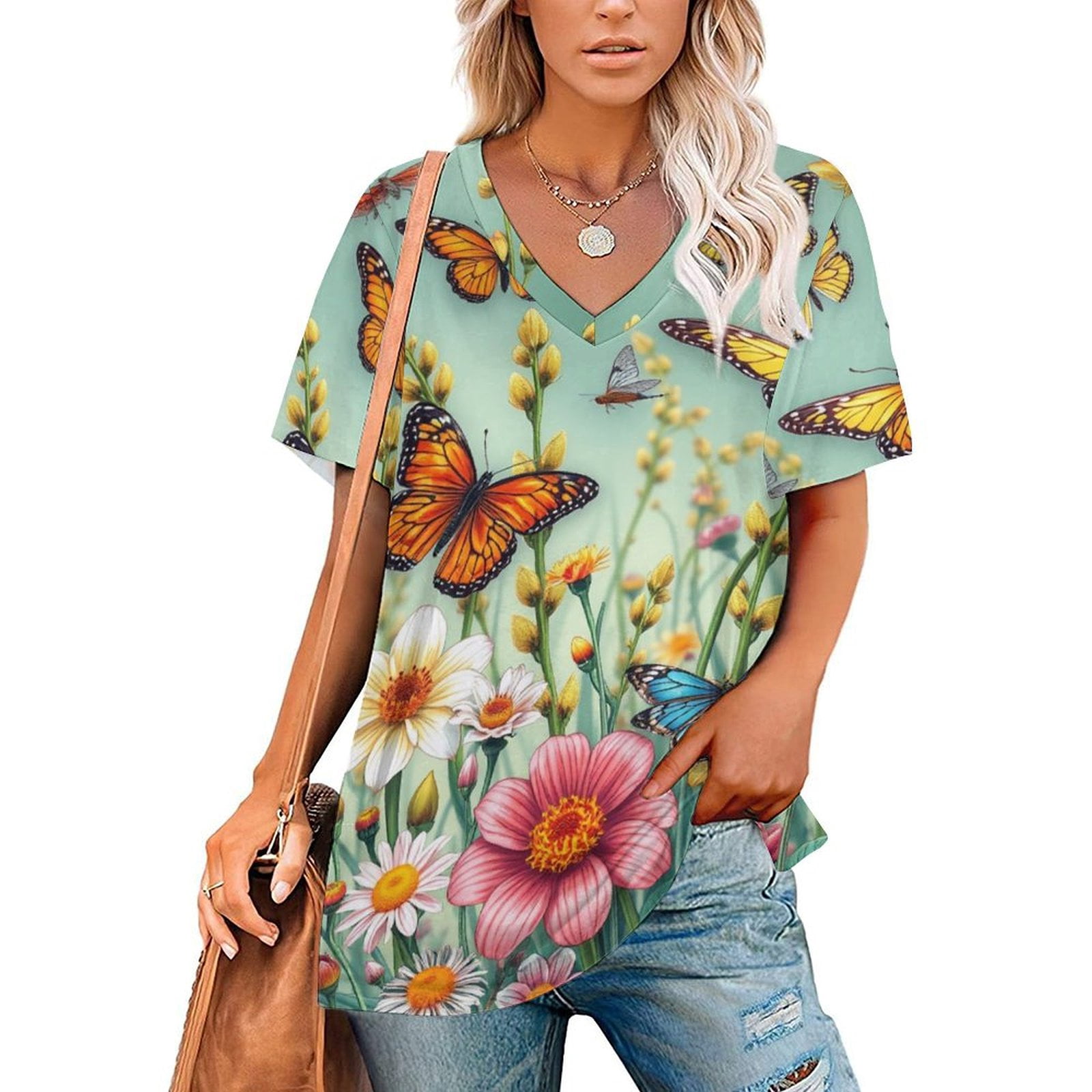 Vintage Flowers V Neck Fashion Oversize T-Shirt Short Sleeve Aesthetic ...